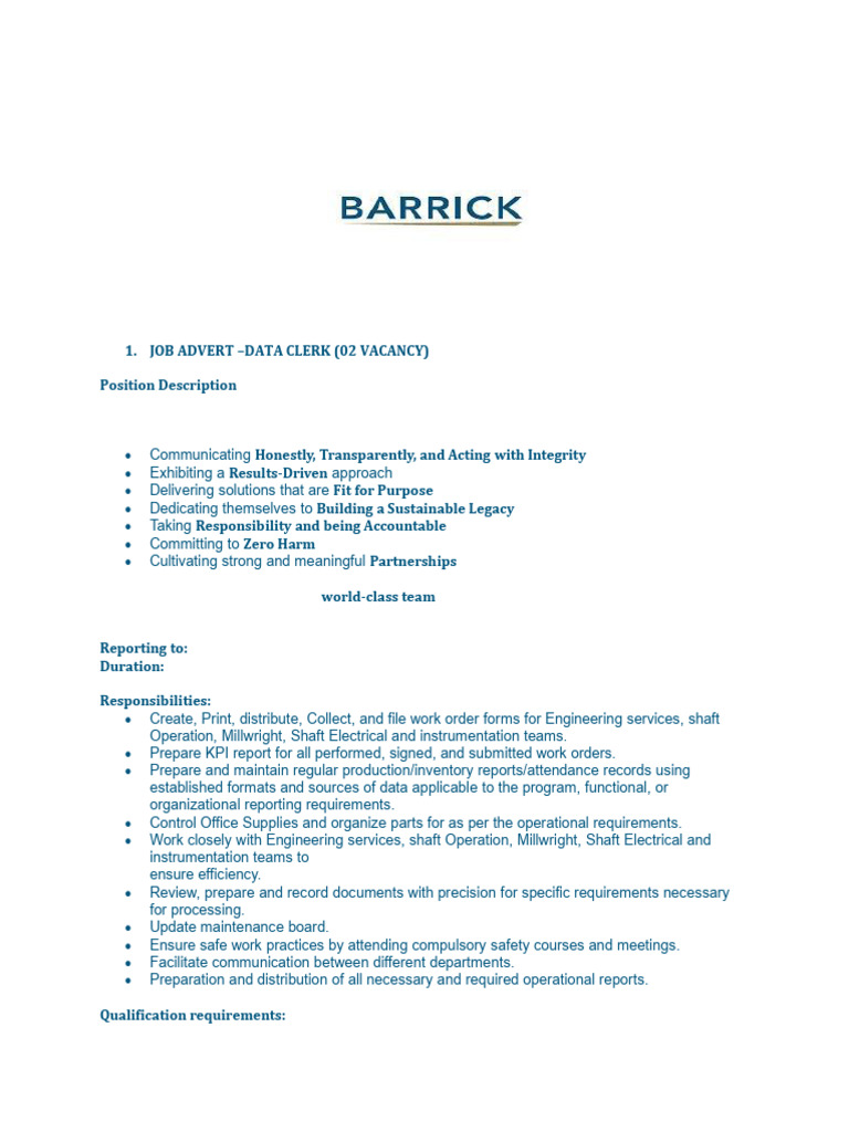 Barrick-Vacancies-April | PDF | Pipe (Fluid Conveyance) | Safety