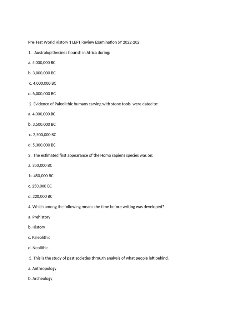 World History Pre-Test and Post-Test Review | PDF | Homo | Paleolithic