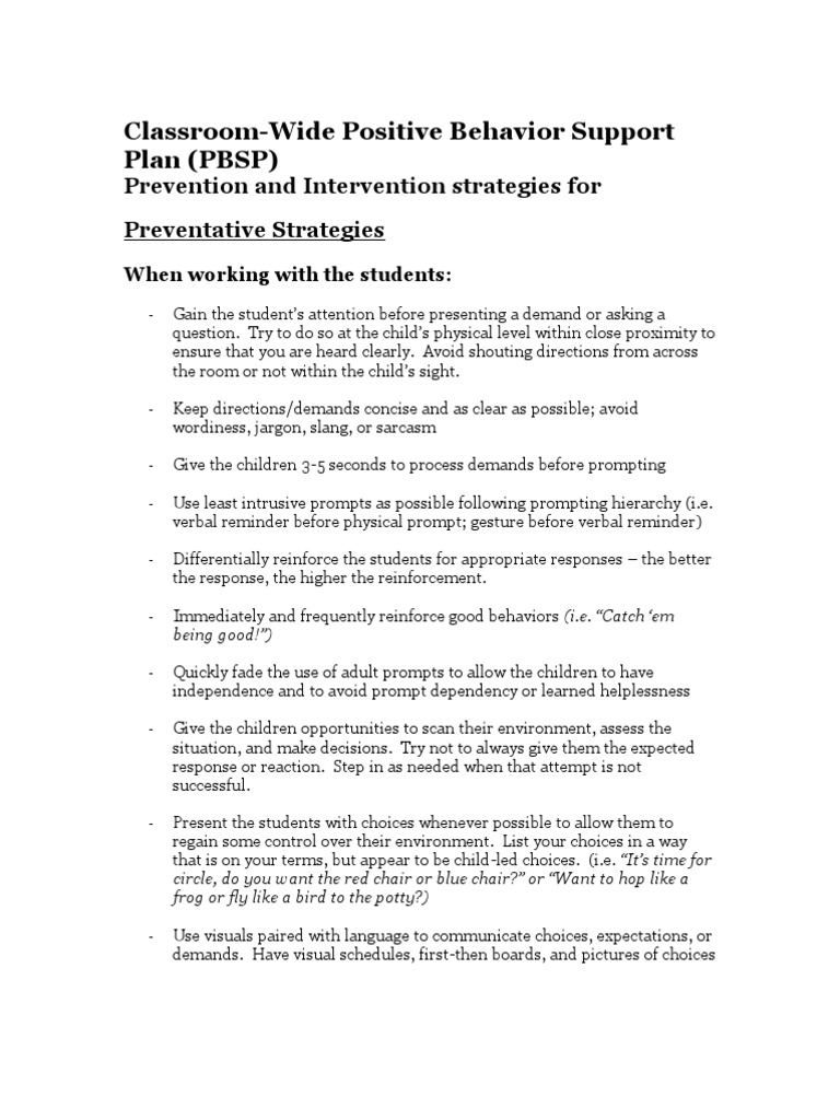 Classroom-Wide Positive Behavior Support Plan (PBSP) : Prevention and ...