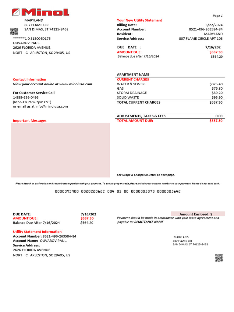 Utility Bill for Maryland, Due 7/16/24 | PDF | Money | Payments