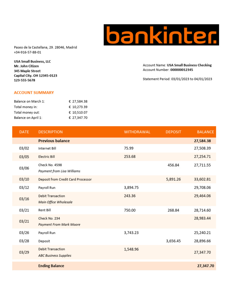 Bankinter Enterprise Statement Word and PDF Template | PDF