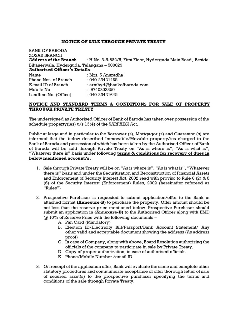 Private Treaty Sale Notice - Bank of Baroda | PDF | Taxes | Banks