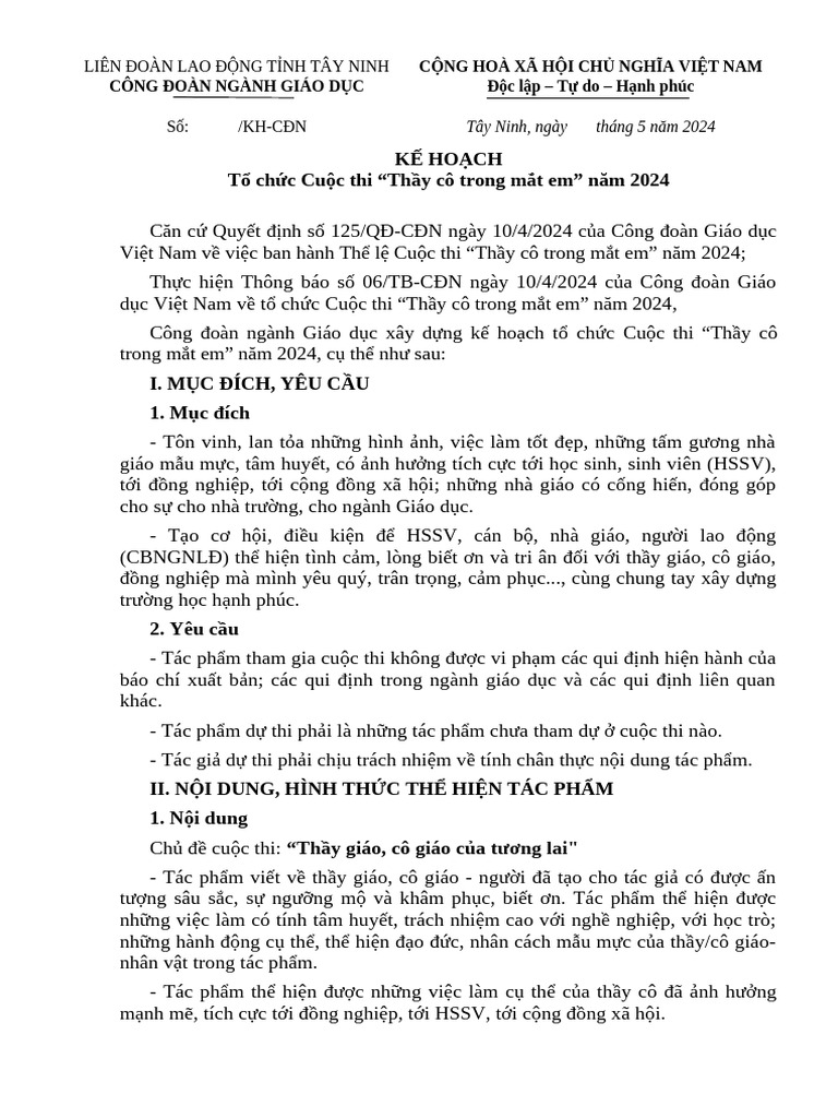 CDN-KH To Chuc Cuoc Thi Thay Co Trong Mat em Nam 2024 | PDF