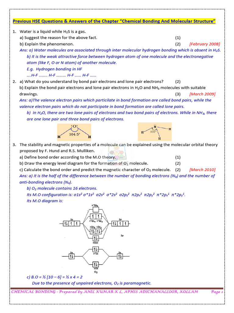 Hsslive-Xi-Chem-4. Chemical Bonding and Molecular Structure Q & A | PDF ...