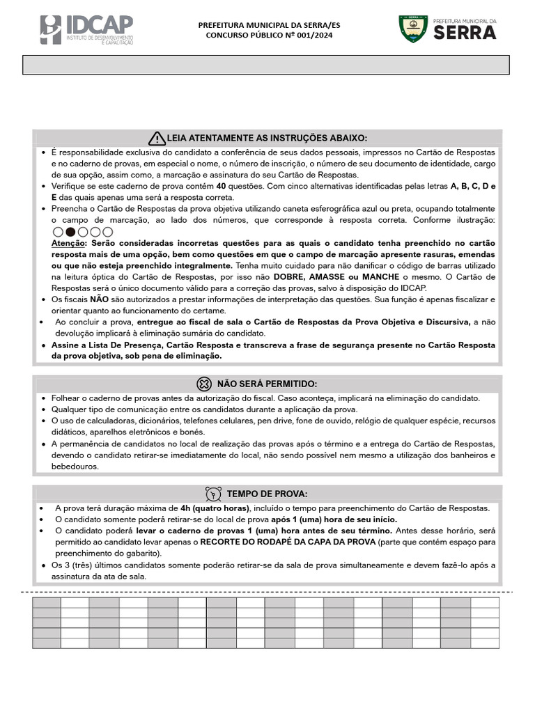 Idcap 2024 Prefeitura de Serra Es Professor Mapb Matematica Prova | PDF | Microsoft | Sistema de ...