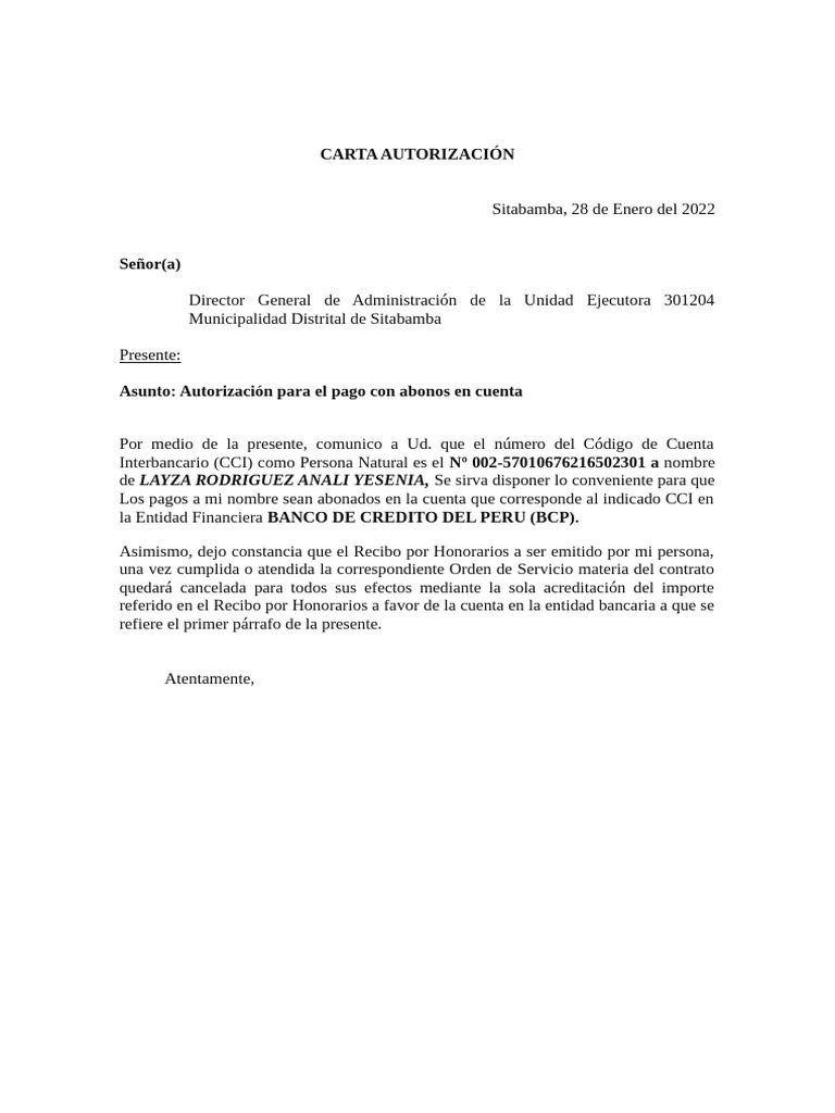 CARTA AUTORIZACIÓN de CCI BCP | PDF