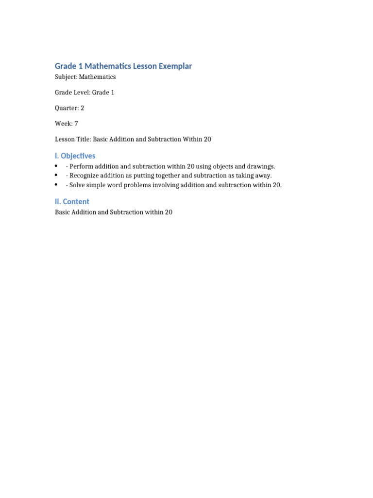 Grade 1 Math Lesson Exemplar Q2 W7 | PDF