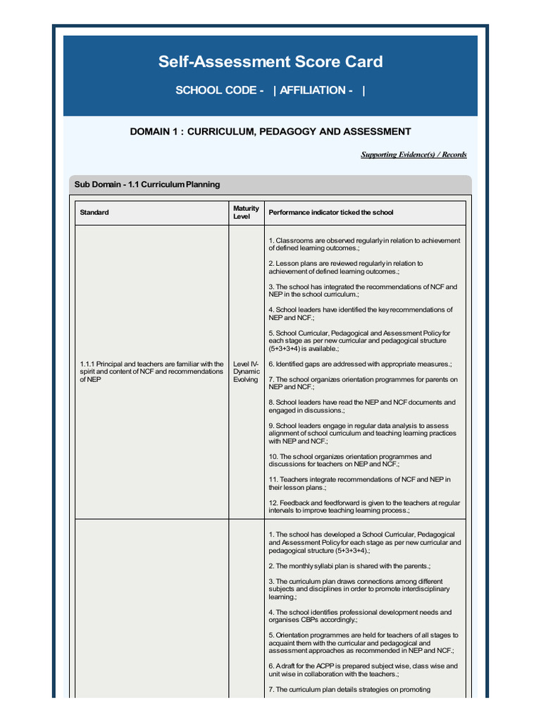 View Self Assessment | PDF | Teachers | Curriculum