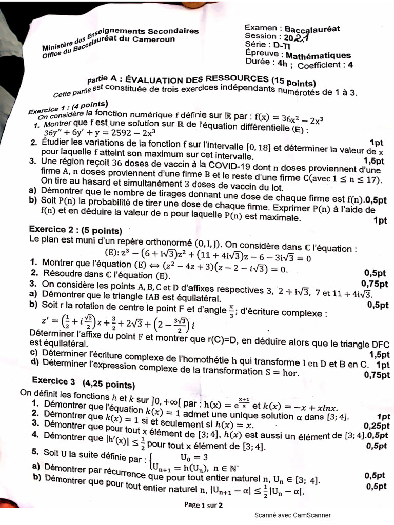Epreuve Maths Bac C Et D 2021 | PDF