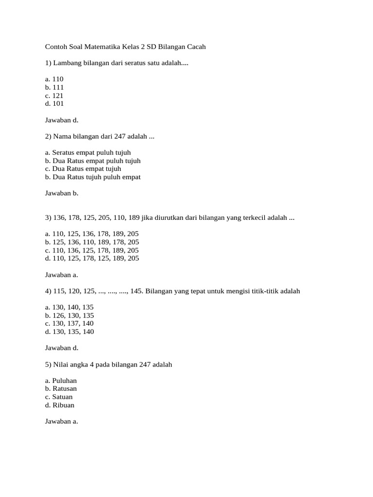 Contoh Soal Matematika Kelas 2 SD Bilangan Cacah | PDF