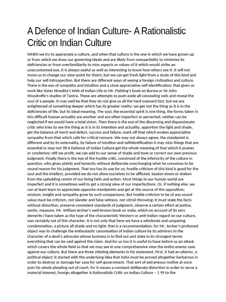 Critique of Indian Culture Analysis | PDF | Truth | Rationalism