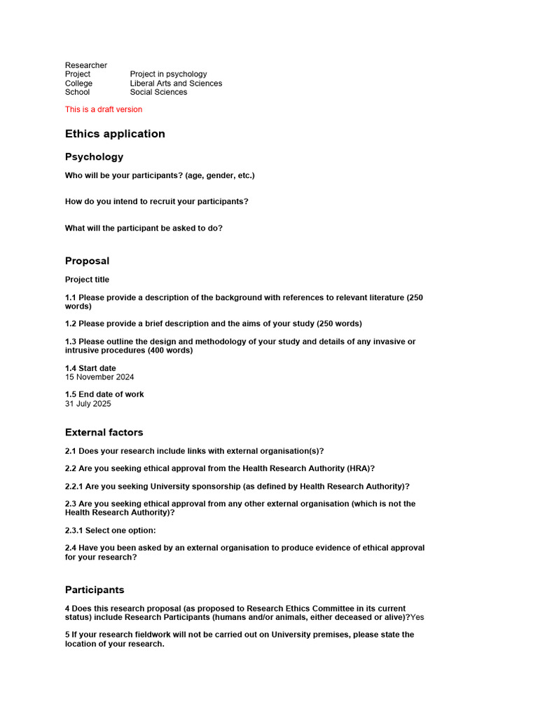 Example Blank Ethics Form Class 1 2024 | PDF | Informed Consent