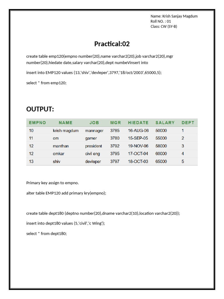 Database Table Creation and Insertion | PDF