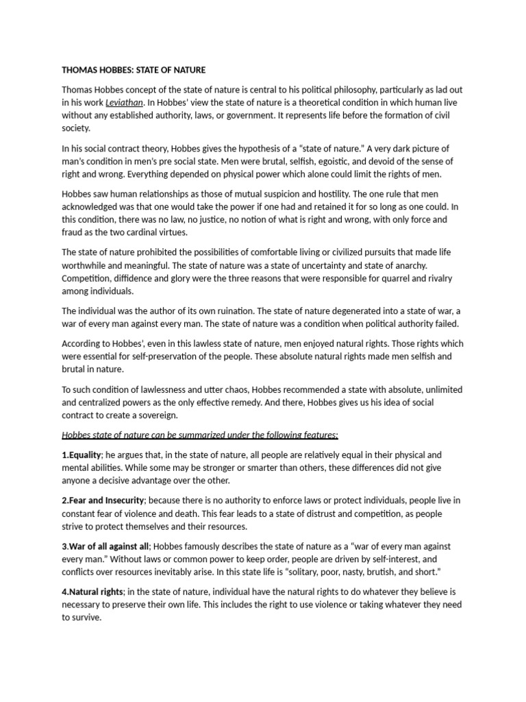 THOMAS HOBBES State of Nature | PDF | Social Contract | Social Psychology