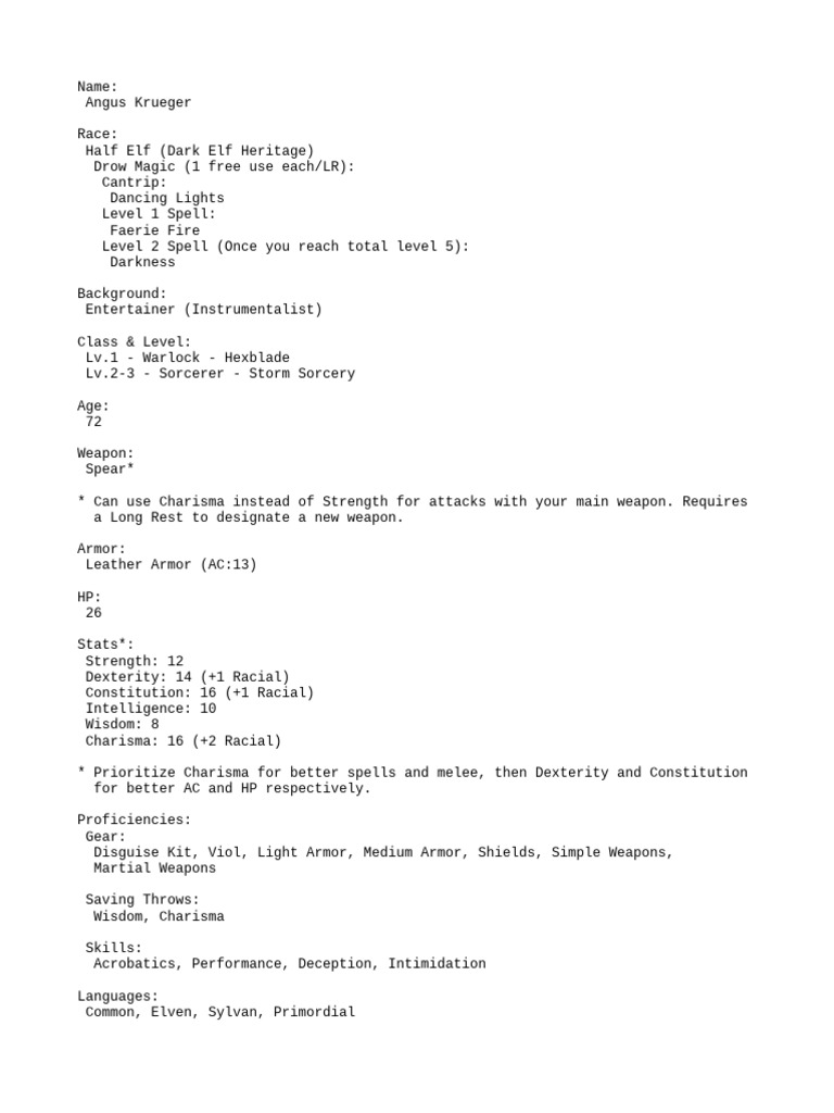 Angus Krueger Character Sheet | PDF | Law