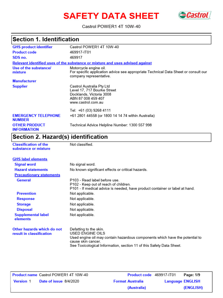 4T 10W-40 Oil - Safety Data Sheet | PDF | Working Conditions | Safety