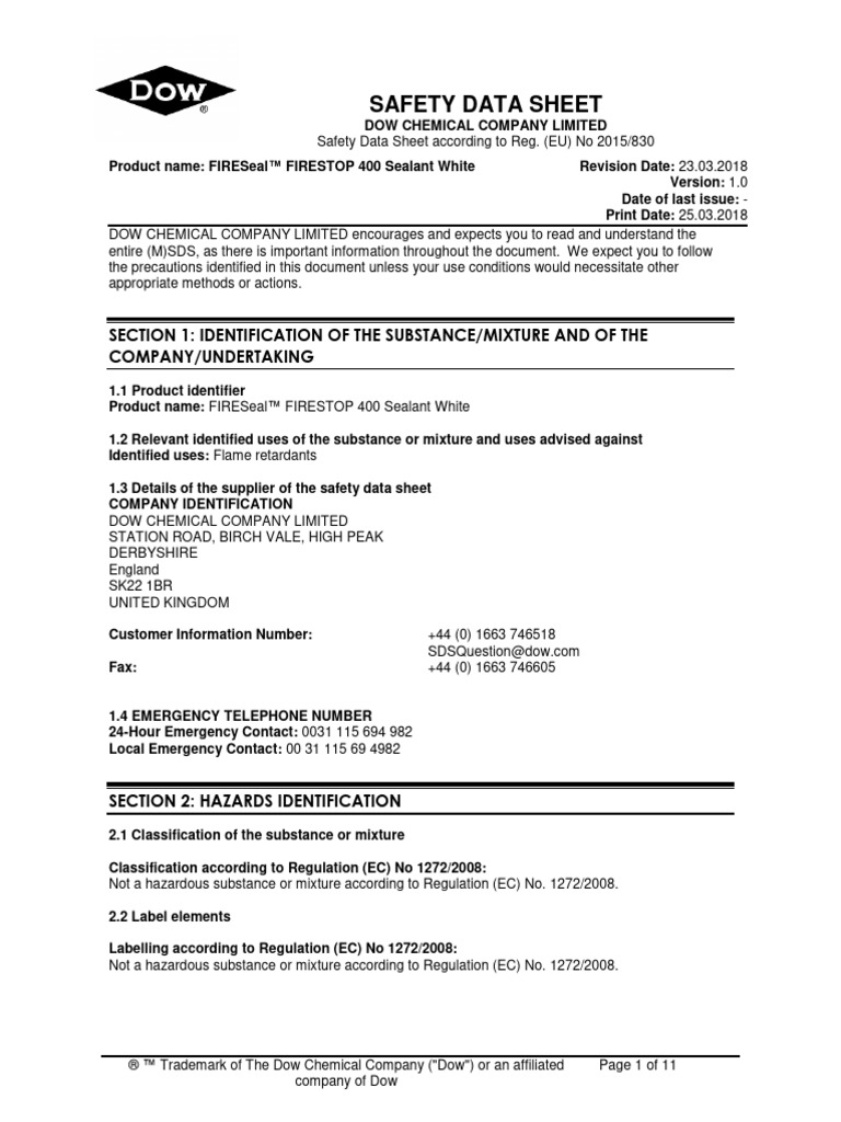 Dowsil Firestop 400 White Safety Data Sheet | PDF | Dangerous Goods ...