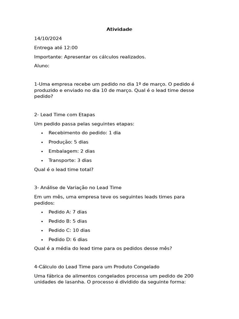Atividade Exercícios de Lead Time 14deoutubro | PDF