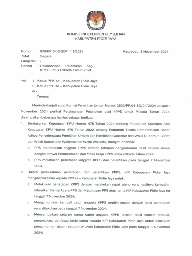 858 - SD Ketua - PELANTIKAN KPPS PILKADA TAHUN 2024 | PDF