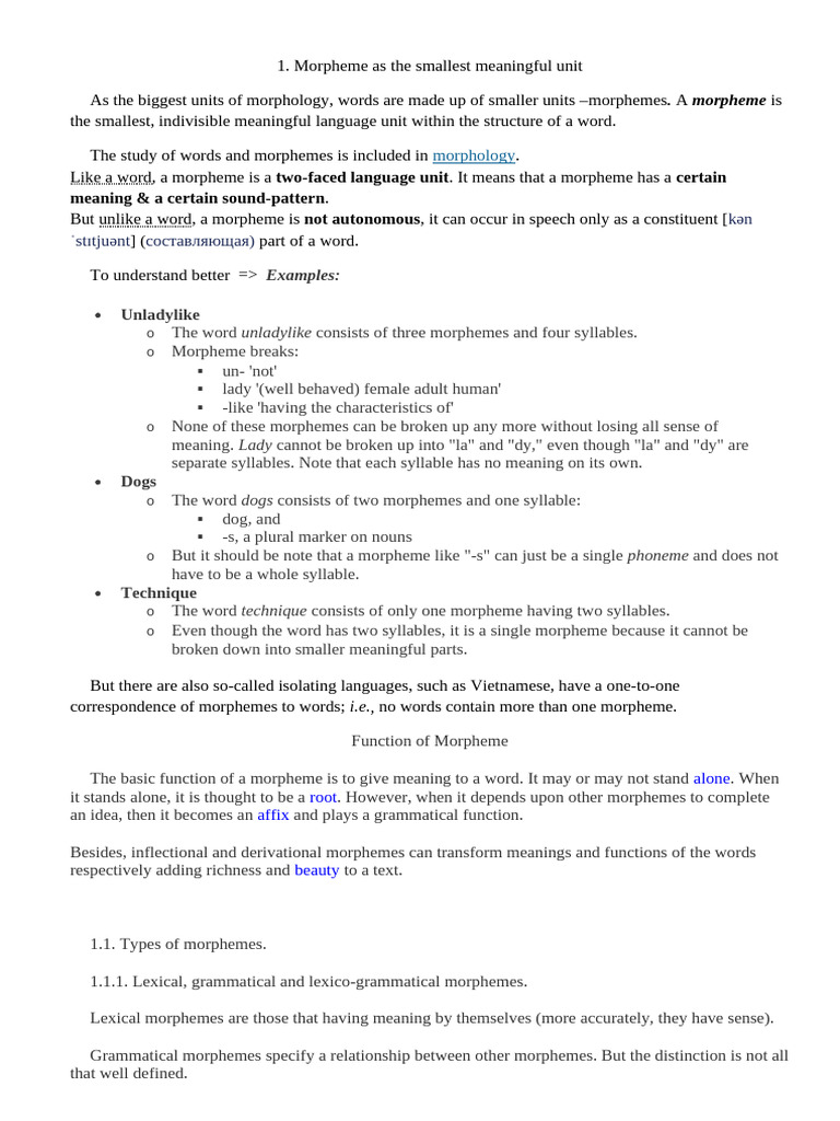 Morpheme As The Smallest Meaningful Unit | PDF | Word | Morphology ...