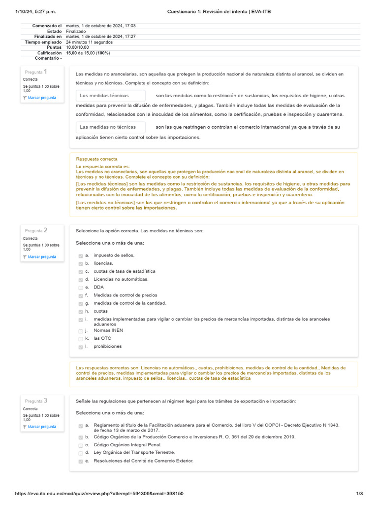 Cuestionario 1 - Revisión Del Intento - EVA-ITB | PDF | aduana | Arancel