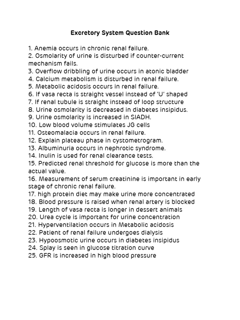 Excretory System Question Bank | PDF
