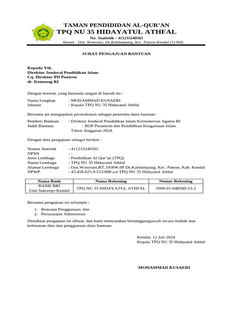 Pengajuan Bop & Rab LPQ 2024 | PDF