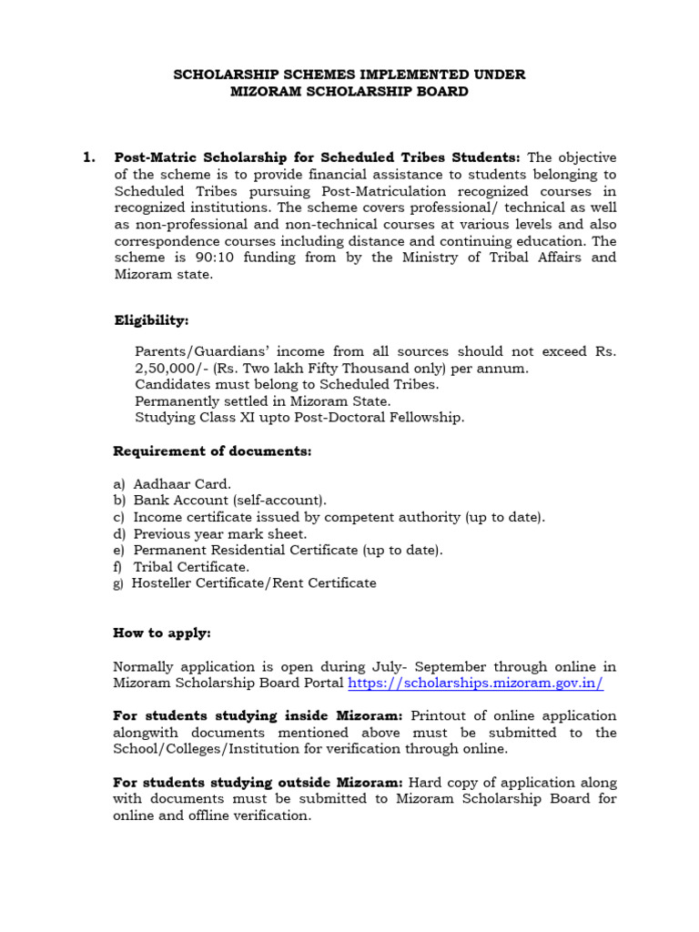 Mizoram Scholarship Schemes Overview | PDF | Postgraduate Education ...