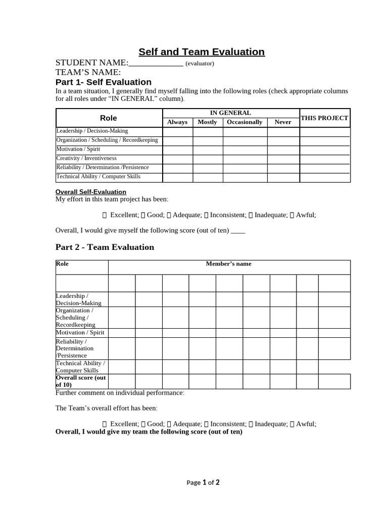 Team and Self Evaluation Template | PDF