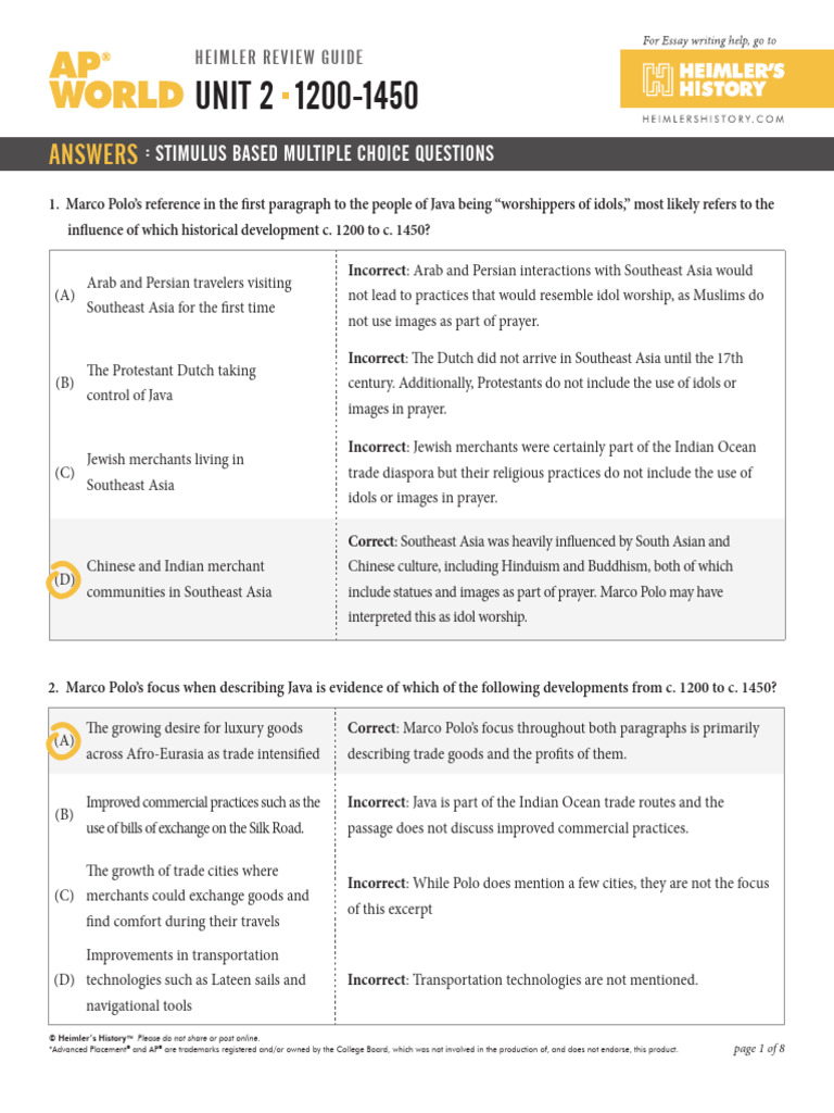 AP World HRG Unit 2 MCQ Answers | PDF | Silk Road | Mongol Empire