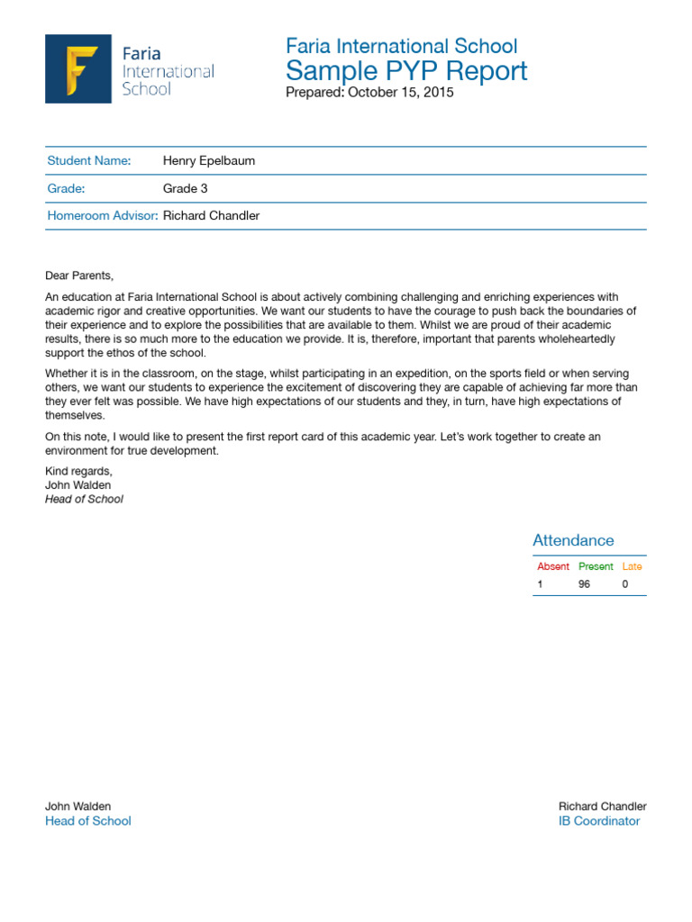 Faria International School Sample Pyp Report Managebac | PDF | Inquiry ...