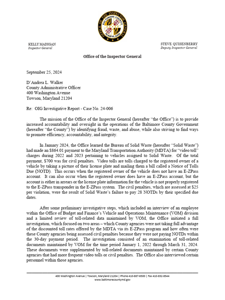 Baltimore County OIG Toll Investigation Report | PDF | Toll Road | Road ...