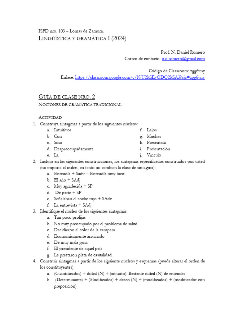 Clase 2 - Ejercicios de Gramática Tradicional | PDF | Mecánica del lenguaje | Gramática