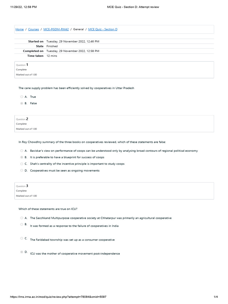 MCE Quiz 1 - Section D - Attempt Review | PDF | Cooperative | Business