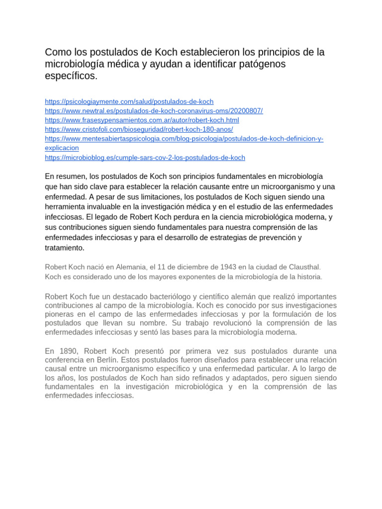 Robert Koch | PDF | Patógeno | Microbiología