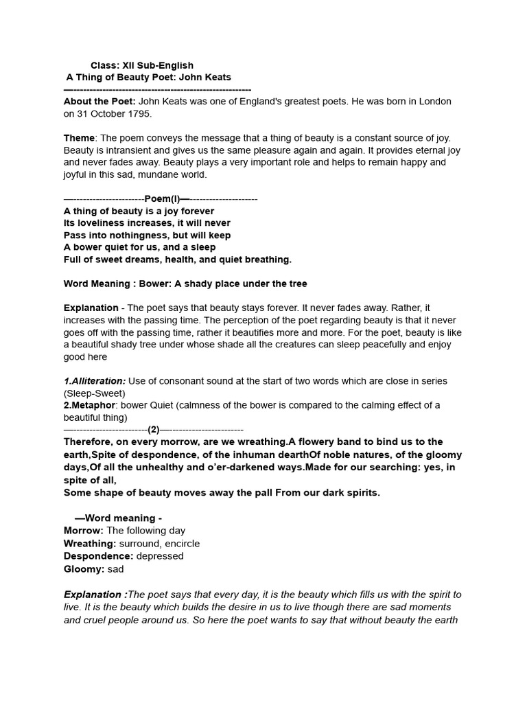 Class-12th Poem (A Thing of Beauty) | PDF | Poetry