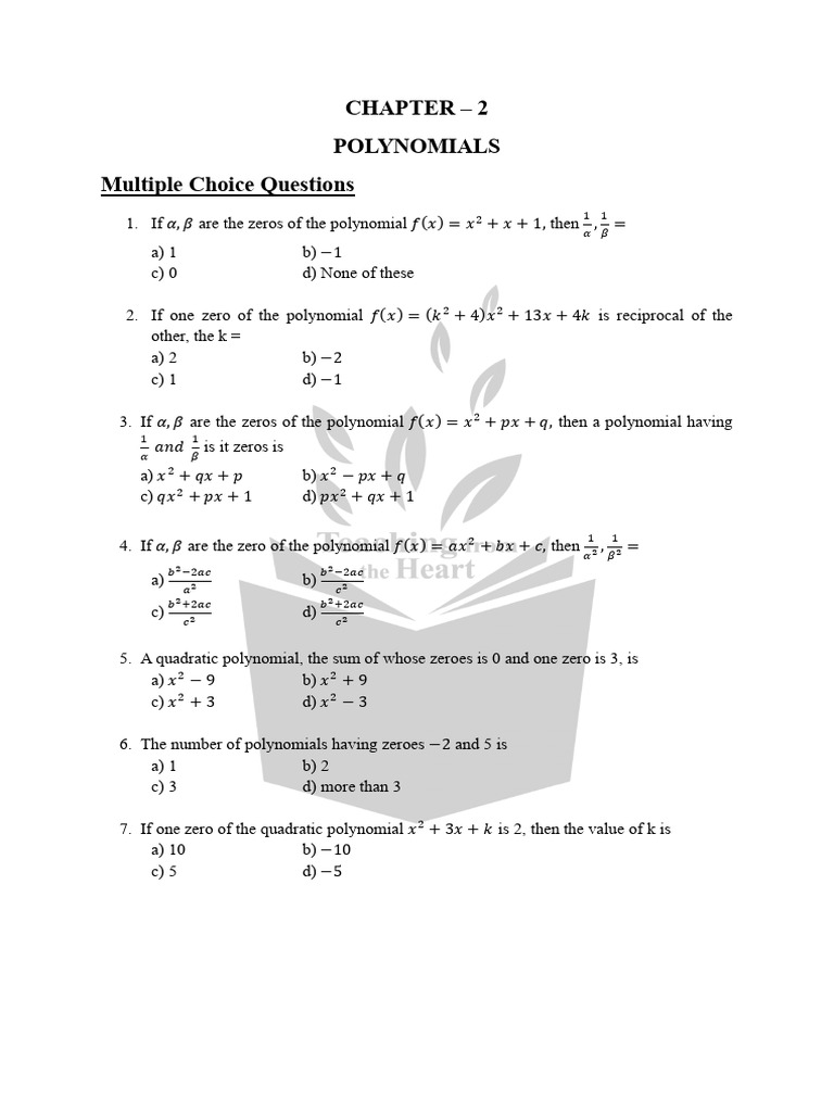 Chapter 2 POLYNOMIALS Multiple Choice Qstns | PDF | Polynomial ...