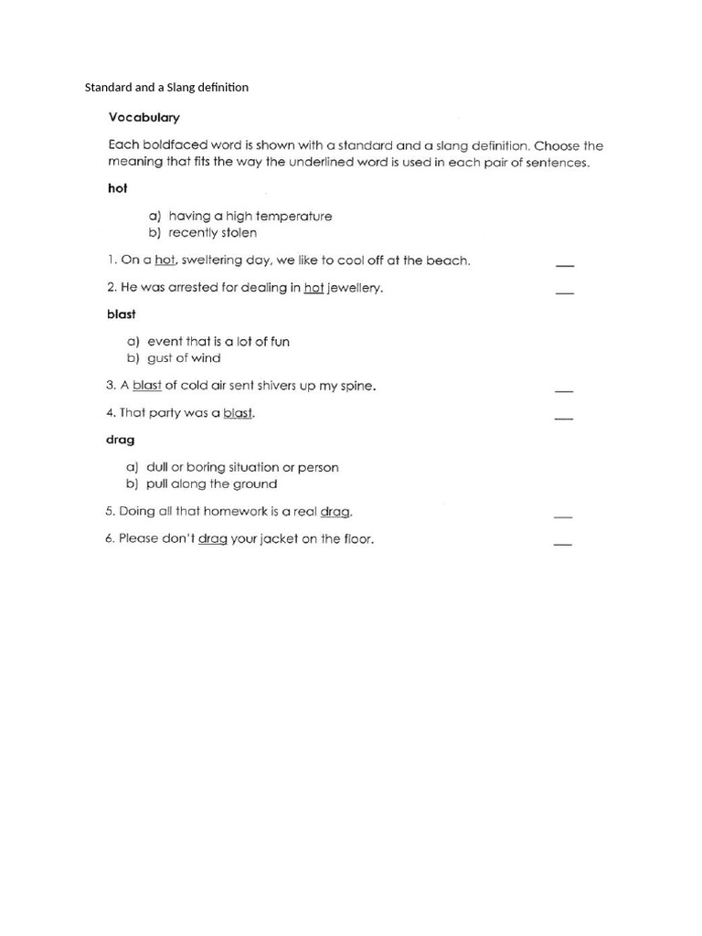 Standard vs. Slang Definitions Explained | PDF