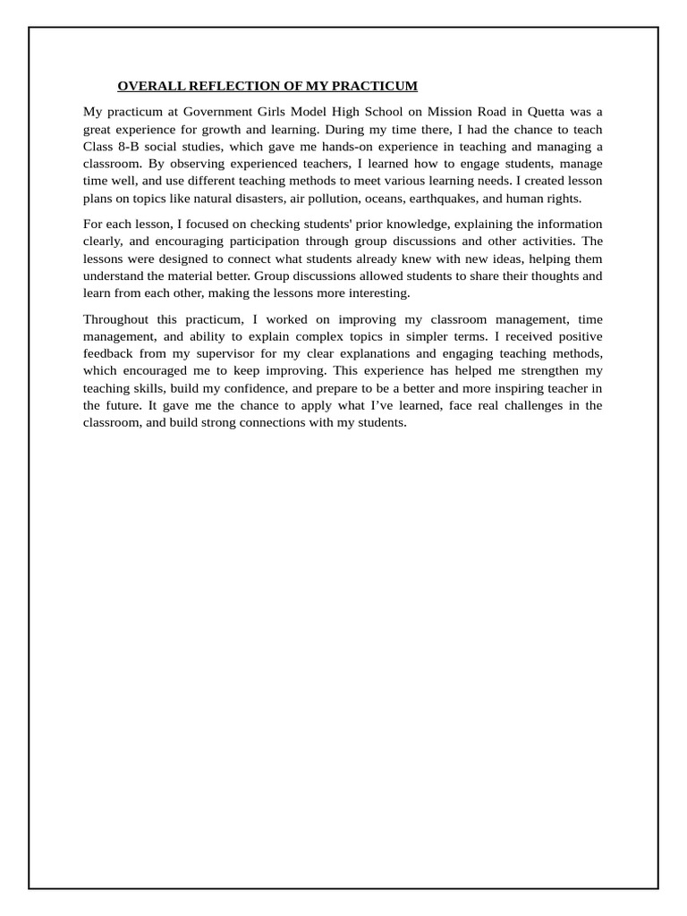 Overall Reflection of My Practicum | PDF