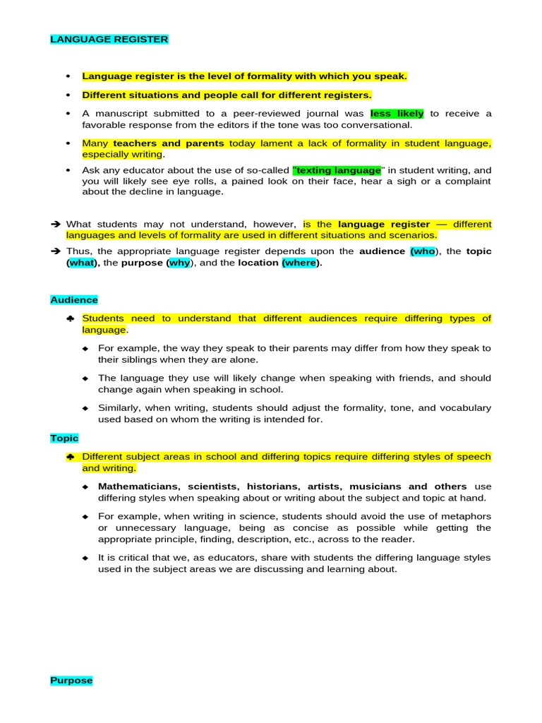 Language Register Why It Matters | PDF | Speech | Vocabulary