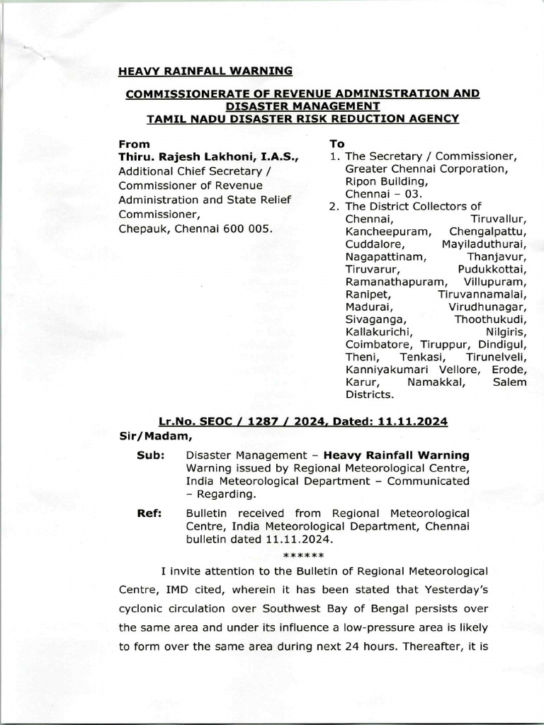 Heavy Rainfall Warning Issued by Regional Meteorological Centre, IMD ...
