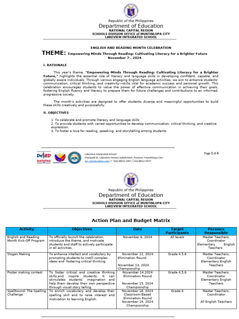 English and Reading Month 2024 Activities | PDF | Literacy | Storytelling