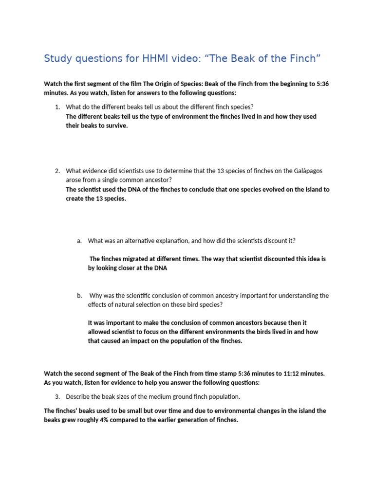 Beak of the Finch Study Questions | PDF | Biological Evolution ...