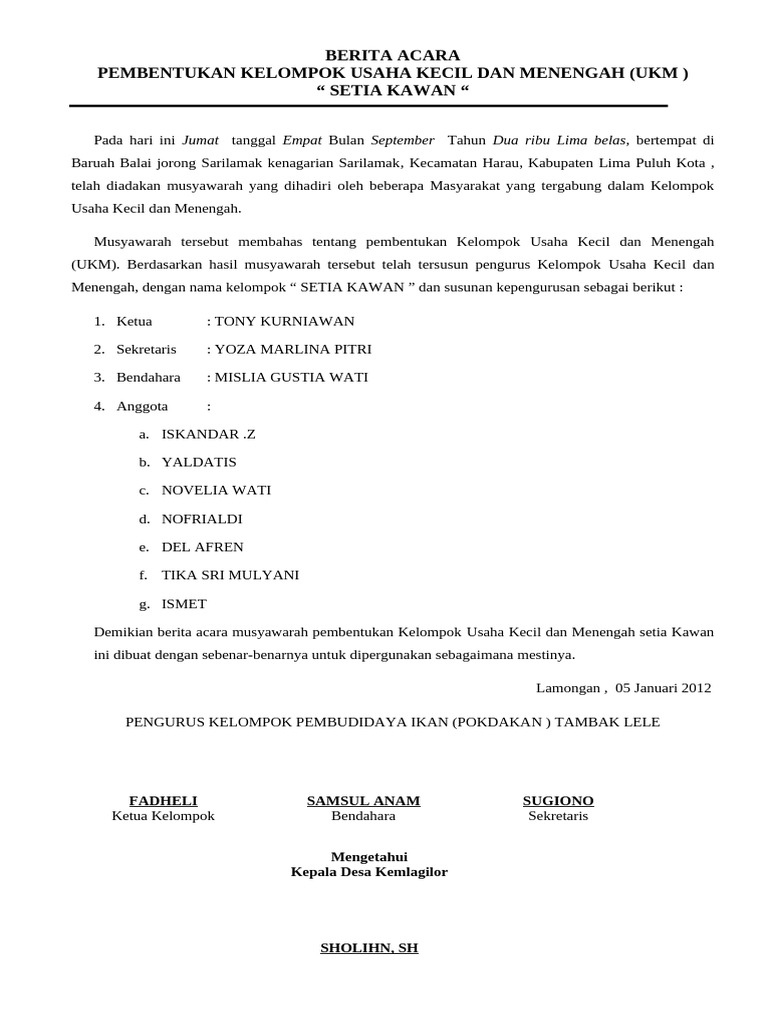 Contoh Berita Acara Pembentukan Kelompok | PDF