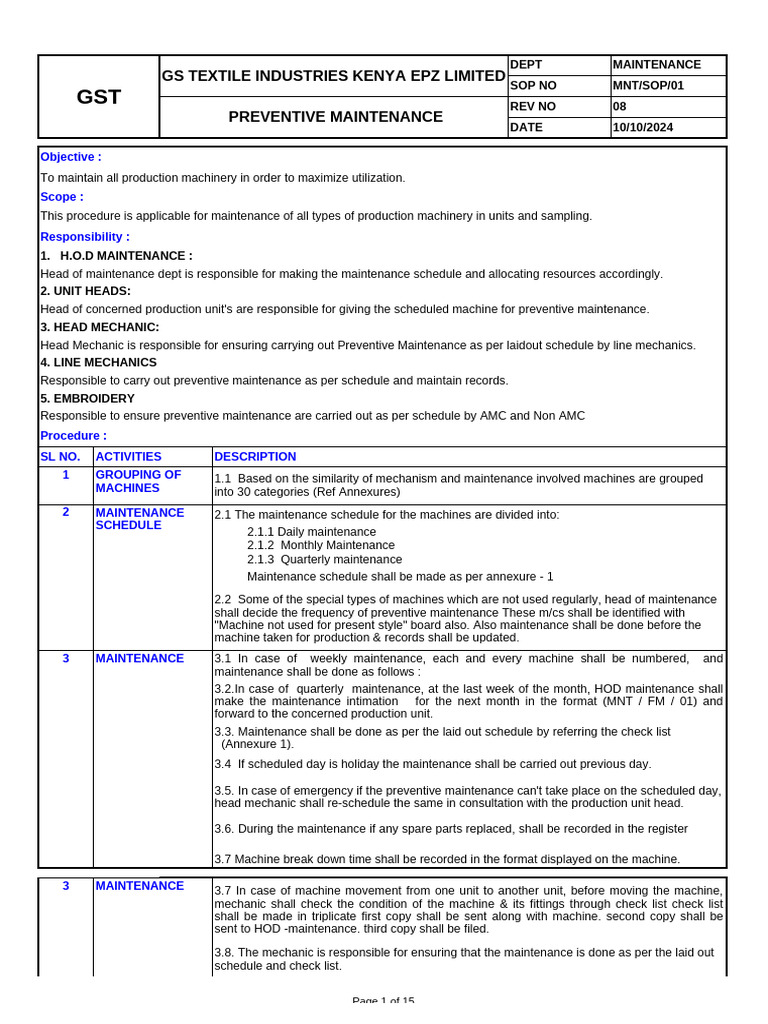 SOP-01 Preventive Maintenance - MNT | PDF | Sewing | Clothing