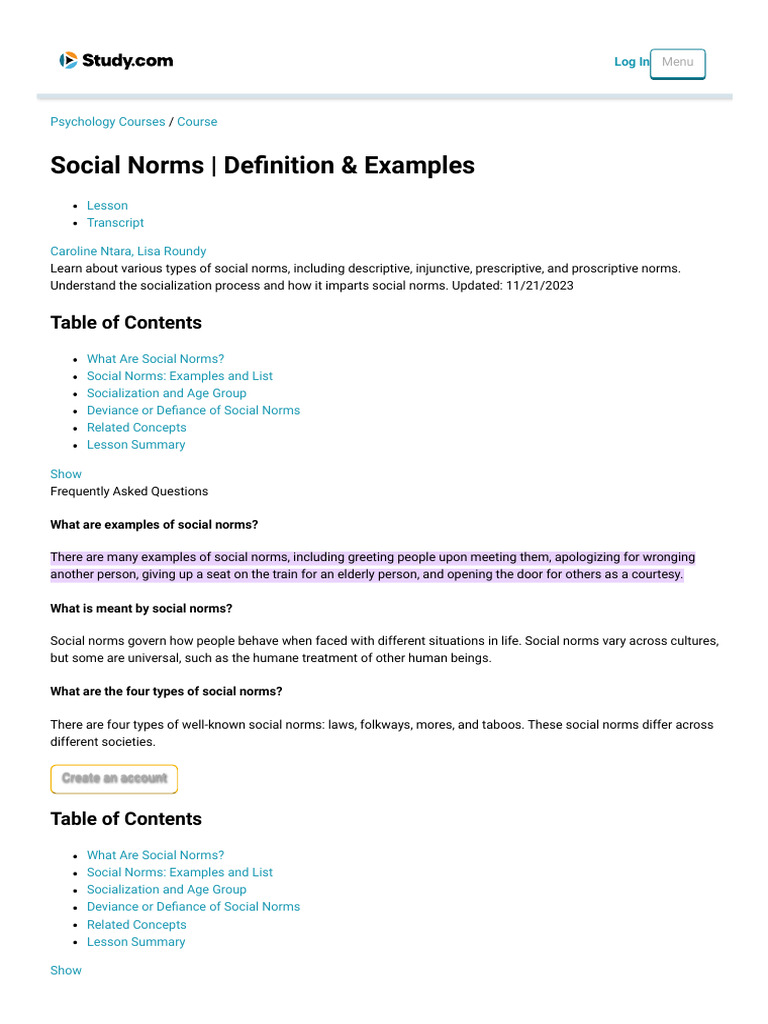Social Norms - Definition & Examples - Lesson | PDF | Mental Disorder ...