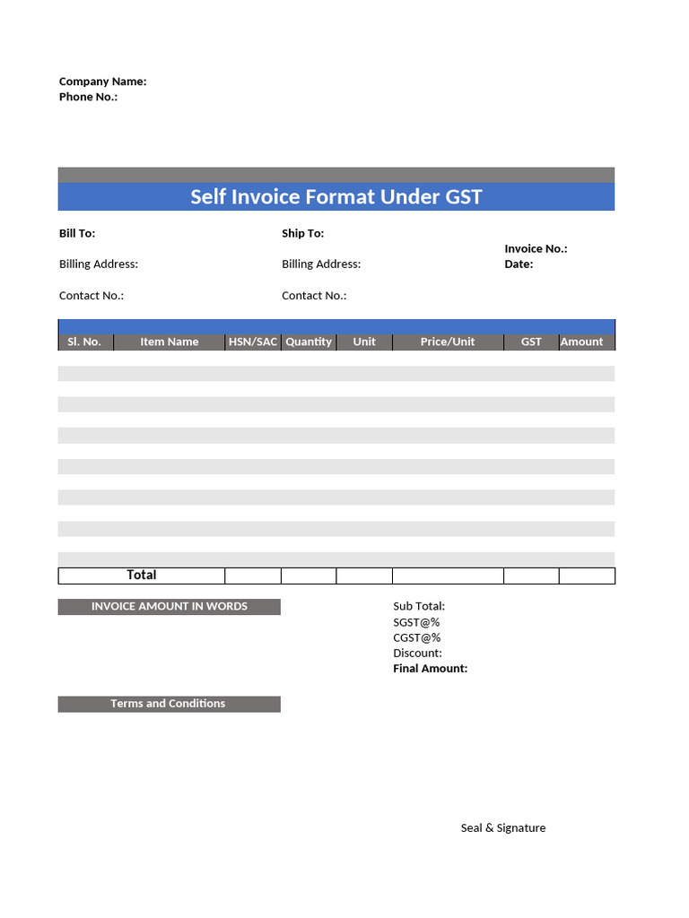 Self Invoice Format Excel 1 | PDF | Business | Finance & Money Management