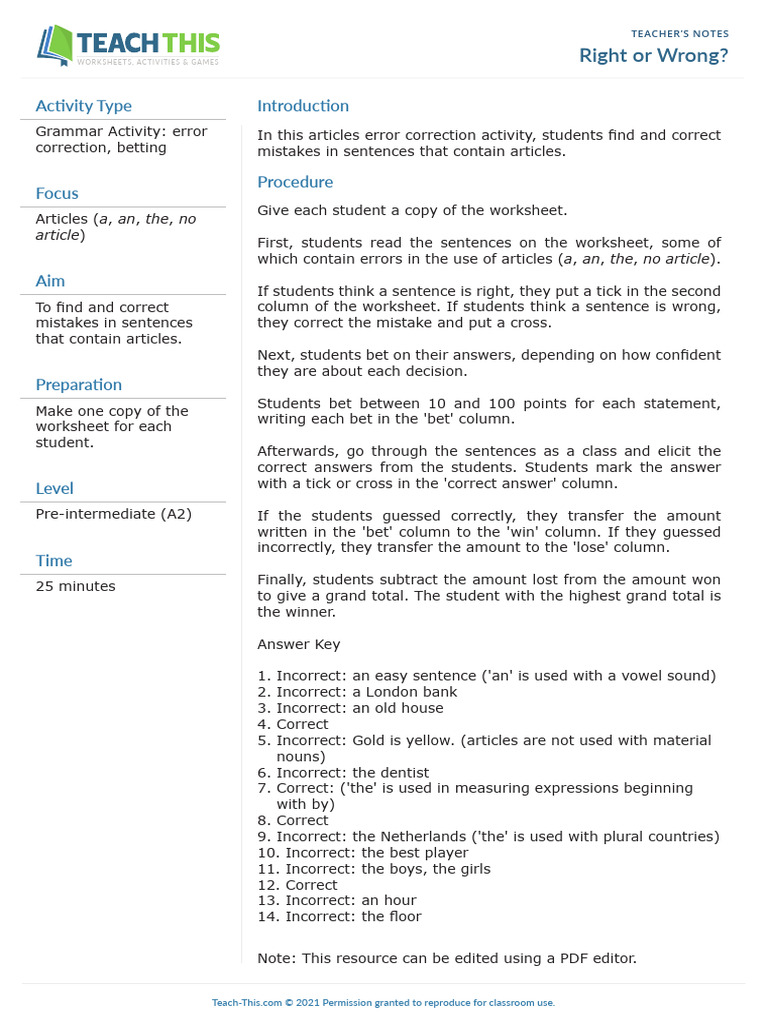 Right or Wrong Articles | PDF | Syntax | Grammar