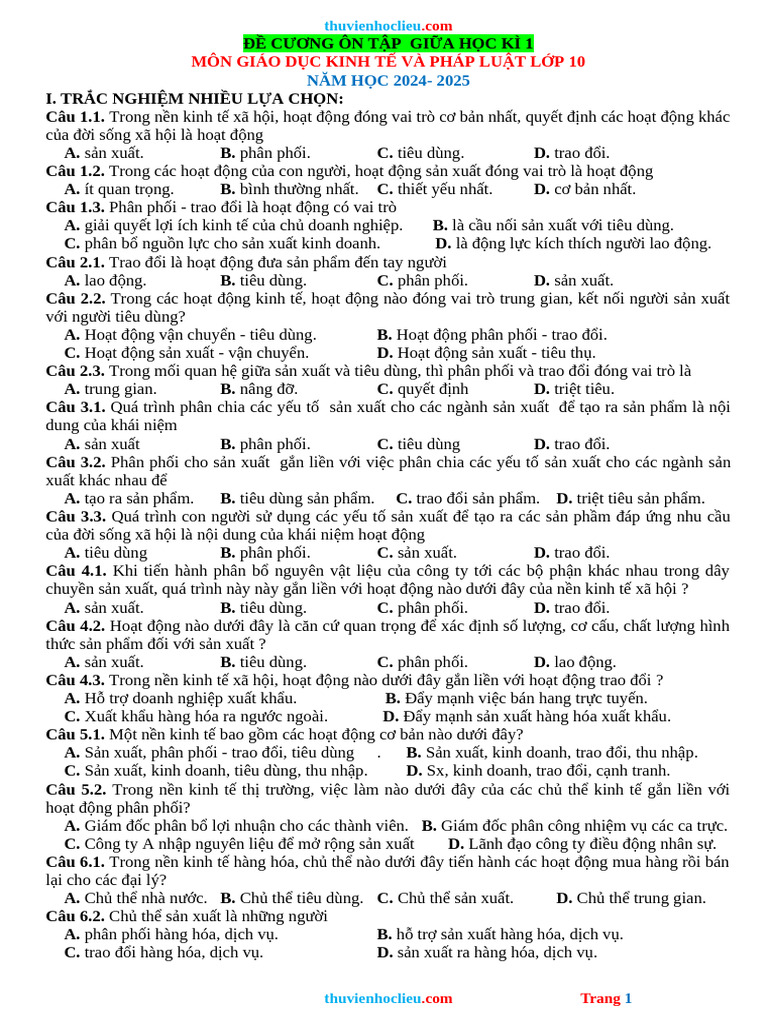 De On Tap Giua HK1 KT Va PL 10 Canh Dieu 24 25 | PDF