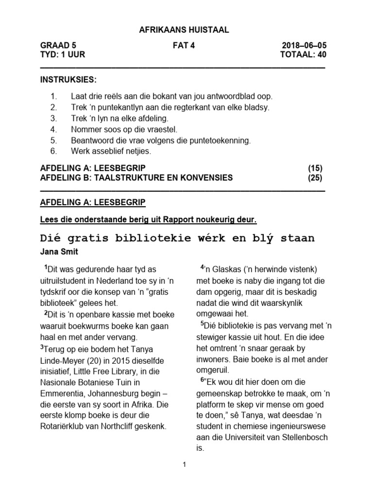 Afikaans Huistaal Eksamen Junie 2018 Graad 5 | PDF